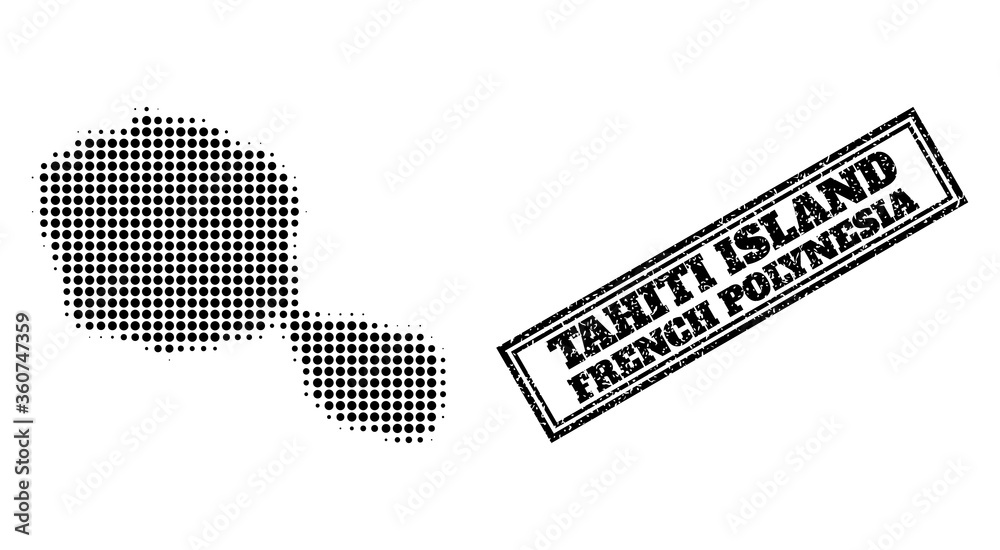 Halftone map of Tahiti Island, and scratched watermark. Halftone map of ...