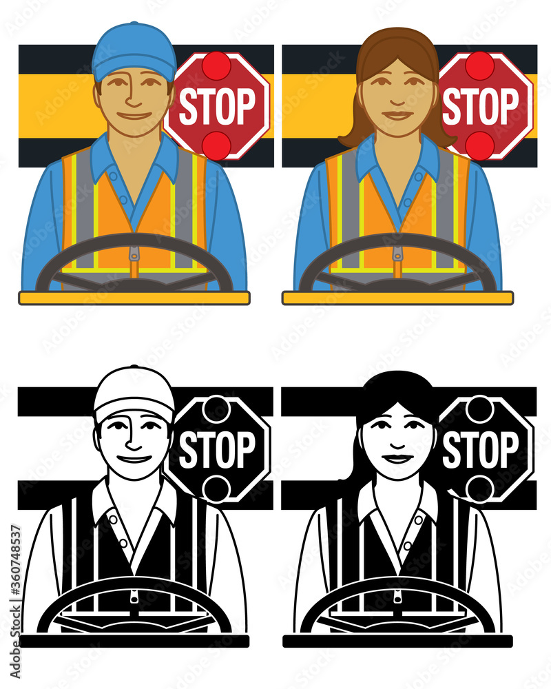 set of school bus driver vector icons male and female, wearing safety ...