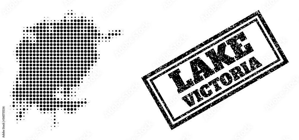 Halftone map of Victoria Lake, and unclean seal stamp. Halftone map of ...