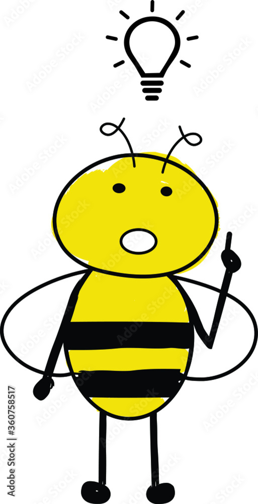 cartoon cute bee with an idea that came to its head. Bee inspired with ...