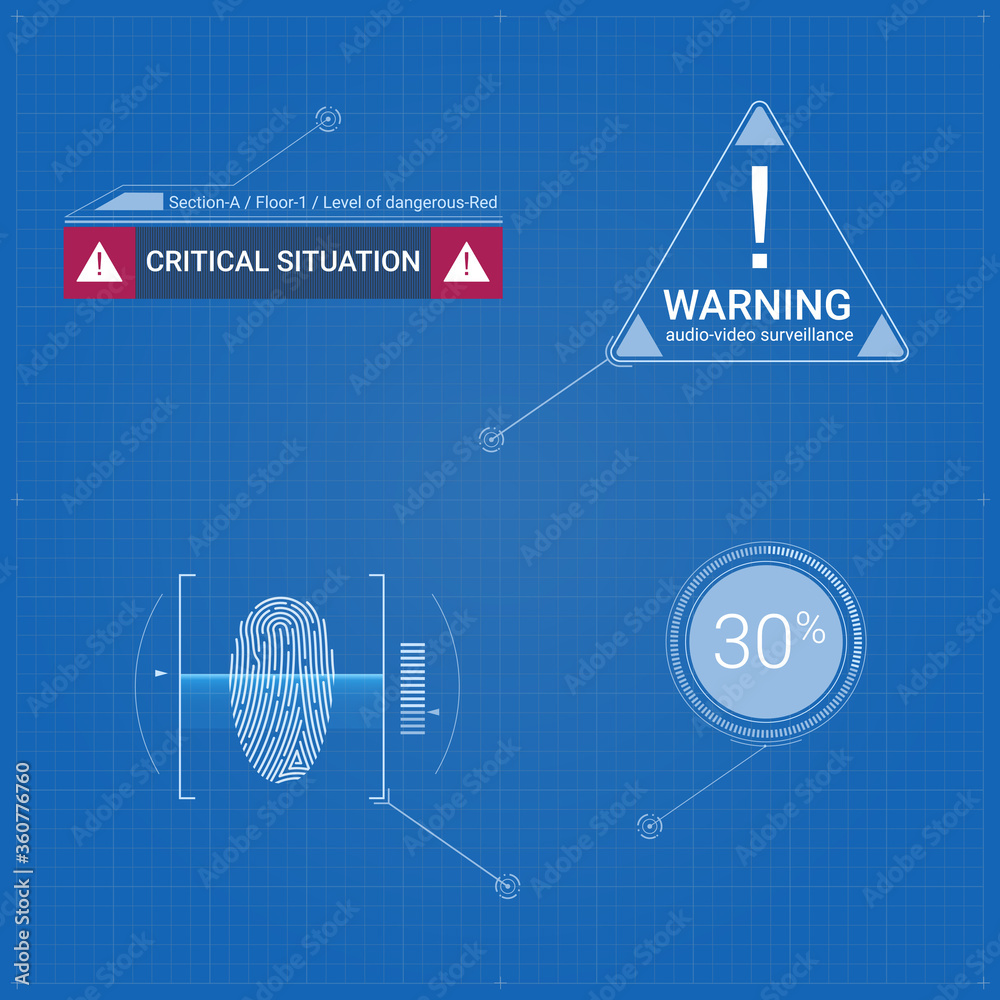 Set of digital sign in on blueprint background. Warning, finger scanner ...
