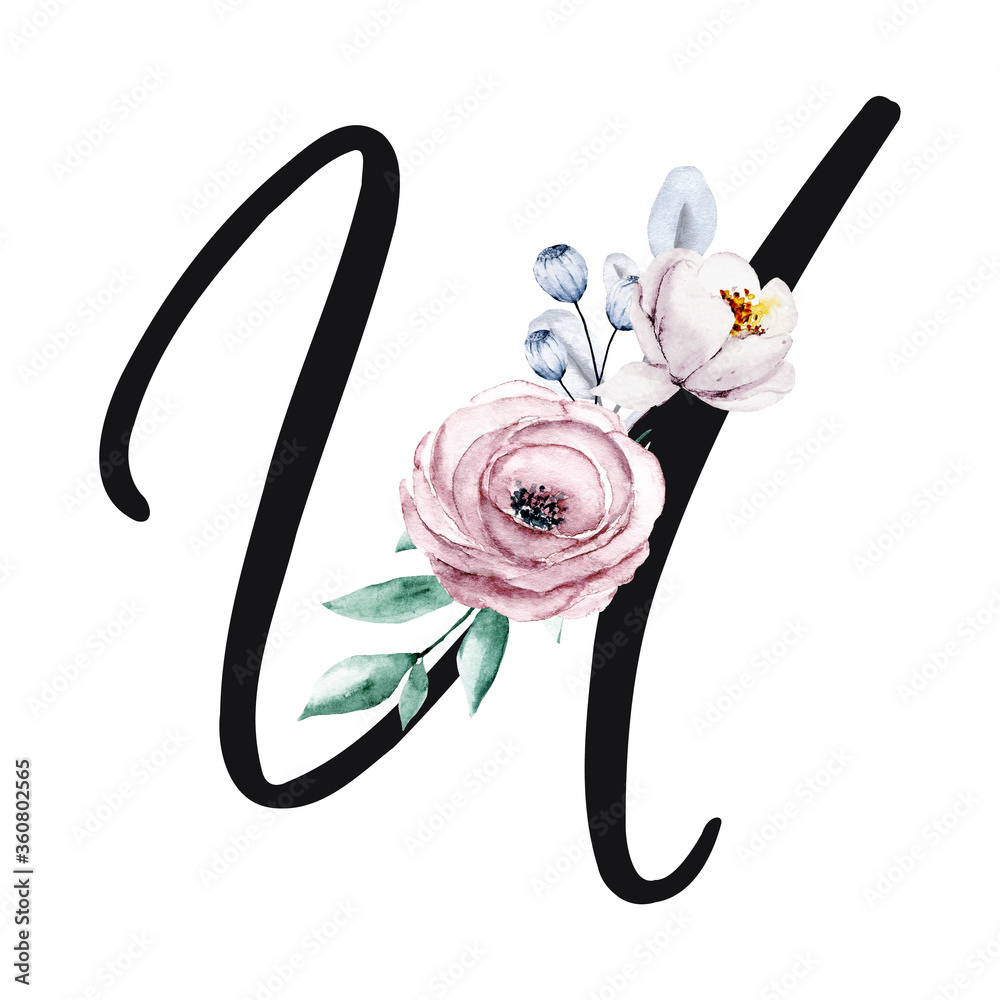 Letter u with watercolor flower and leaves. Letterhead, monogram ...