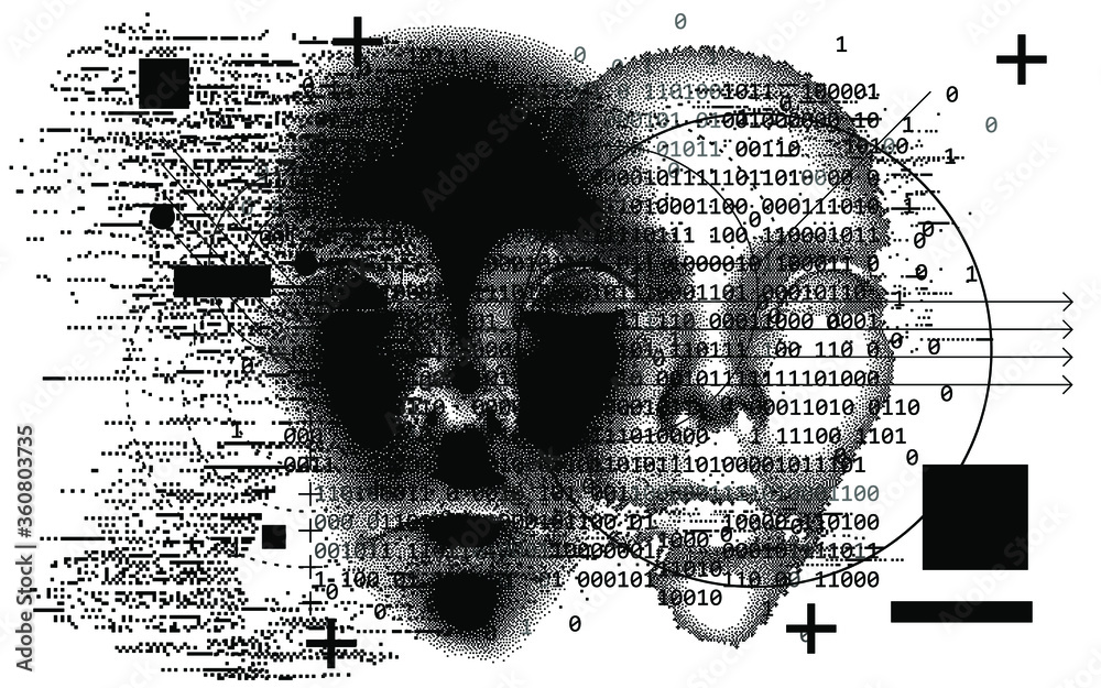 Abstract technology background with binary code and 3d face mask ...