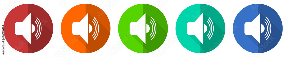 Volume icon set, red, blue, green and orange flat design web buttons ...