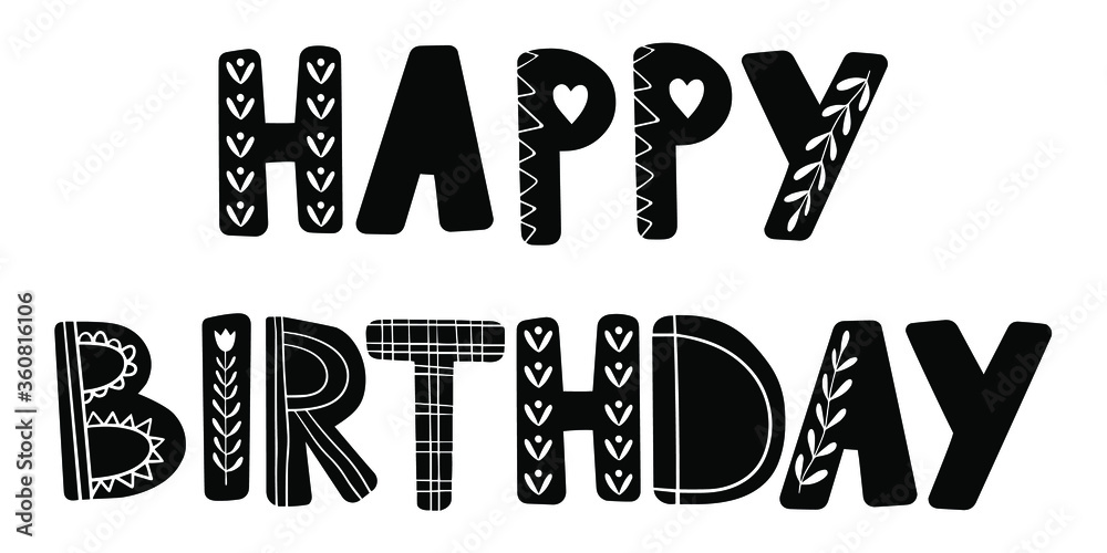 Happy birthday. Scandinavian style childish card with hand drawn ...