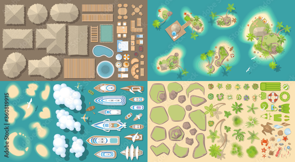 Vector set. Summer vacation. Tropical islands. (top view) Bungalows ...