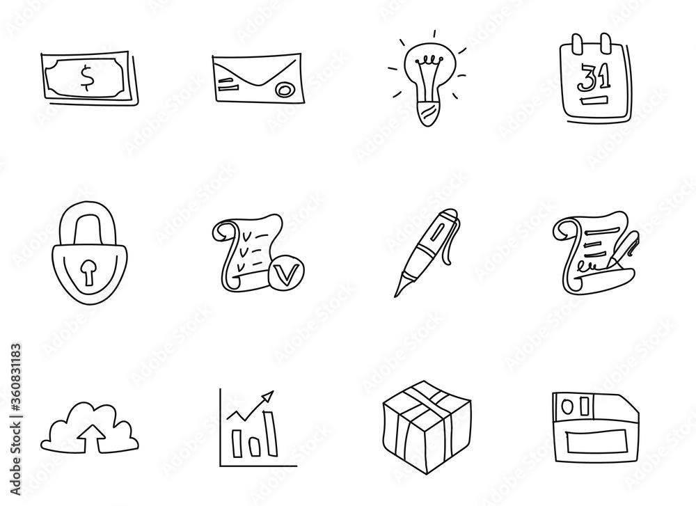 business hand drawn linear vector icons isolated on white background ...
