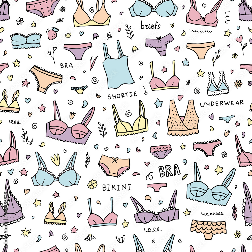 Lingerie seamless pattern. Vector underwear background design. Outline hand drawn illustration ...