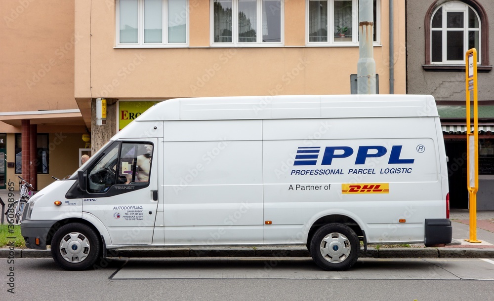 Side view of white delivery Ford Transit van of PPL company, partner of ...