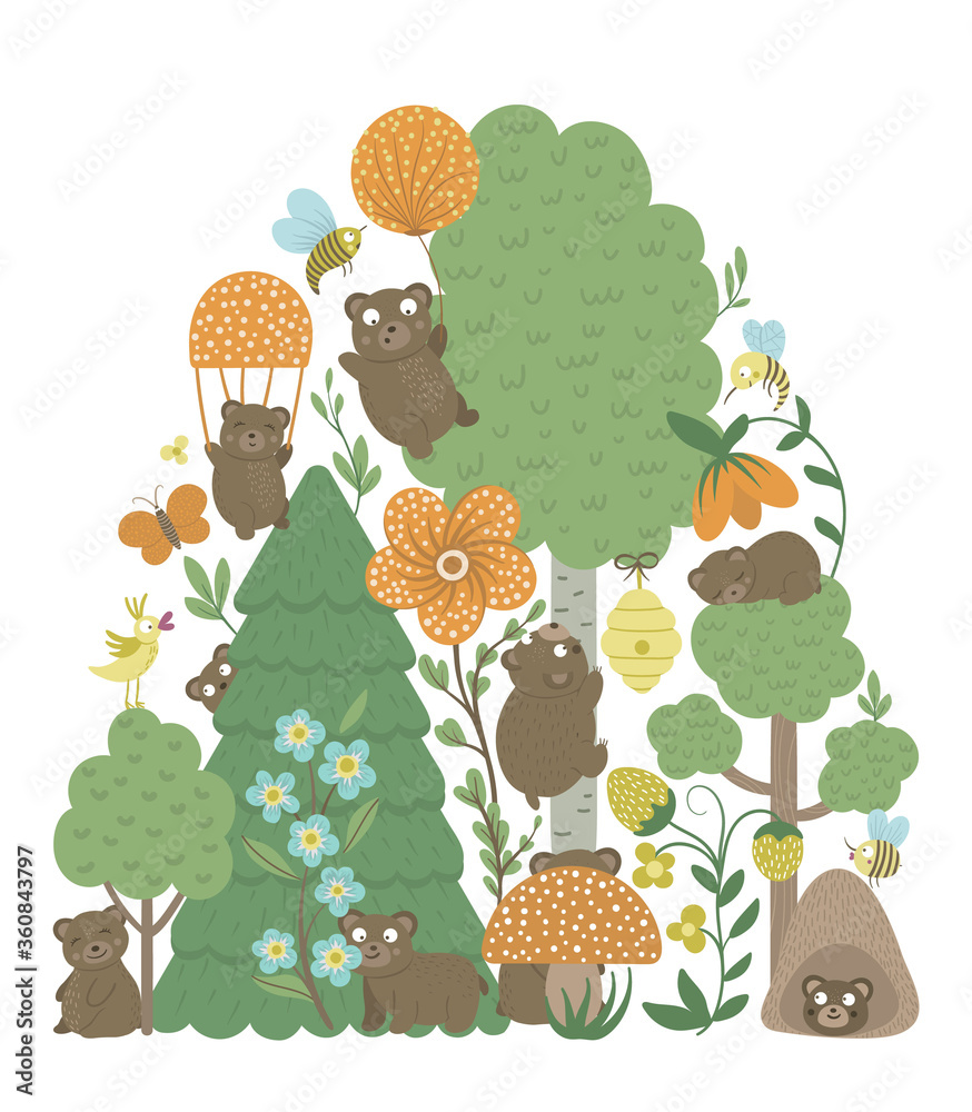 Vector ornate background with cute woodland animals, leaves, insects ...