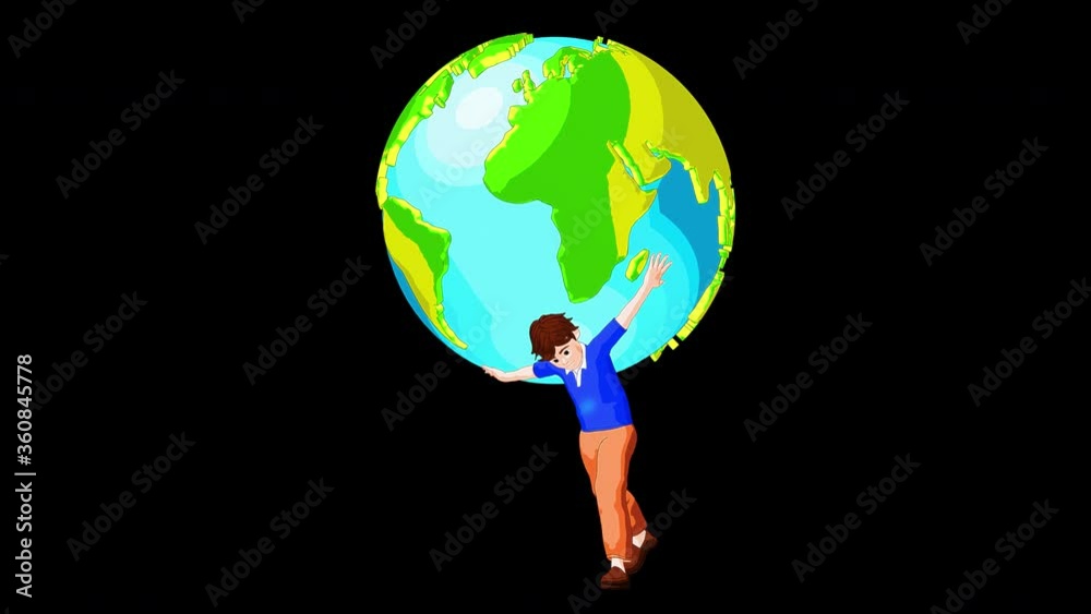 Seamless Walk Cycle of a man Walking and holding big planet earth on ...