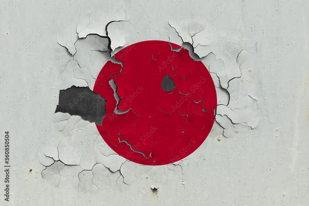 Japan flag close up old, damaged and dirty on wall peeling off paint to ...