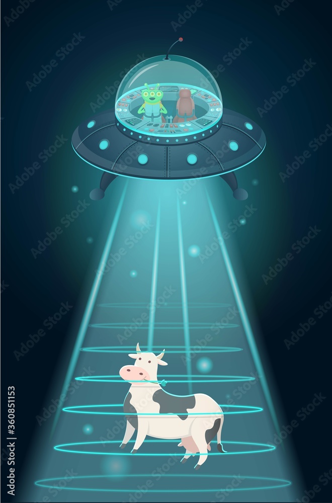 UFO abducts cow. Flying saucer with a cockpit and alien in cartoon ...