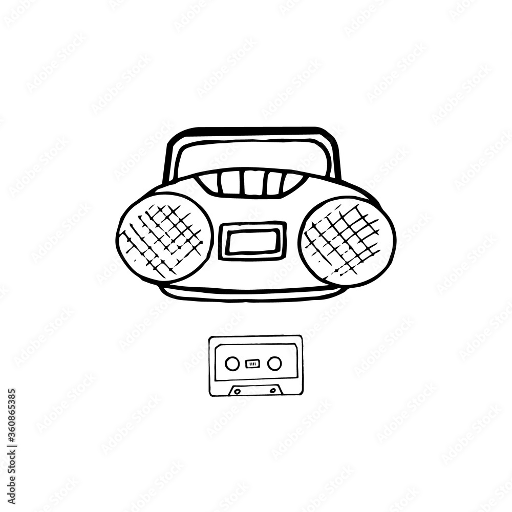 tape recorder and cassette hand drawn in doodle style. vector ...