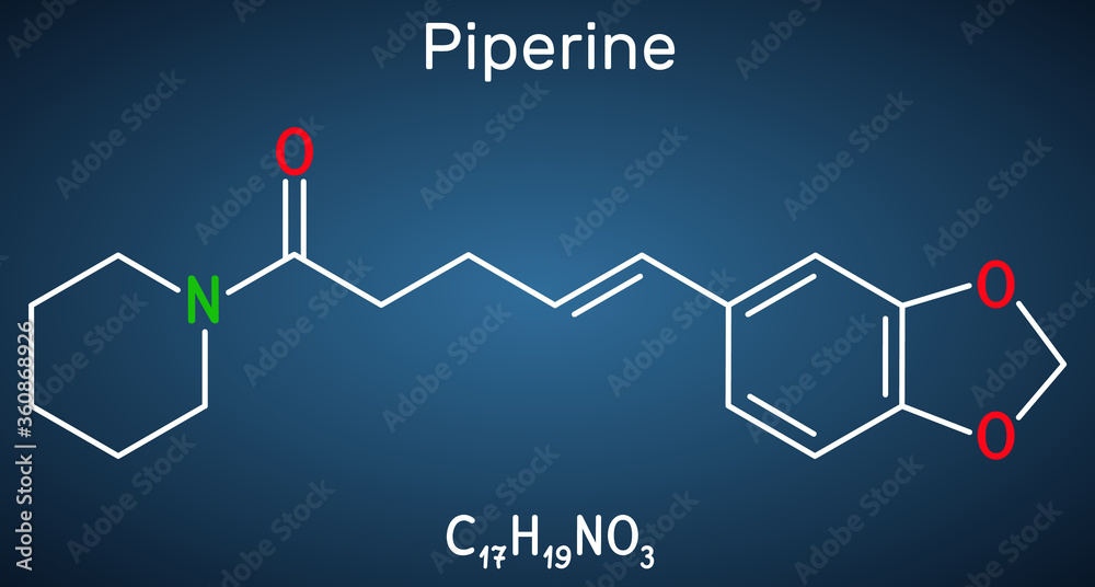 Piperine, C17H19NO3 molecule. It is alkaloid isolated from the plant ...