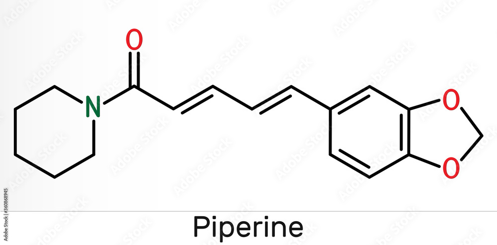 Piperine, C17H19NO3 molecule. It is alkaloid isolated from the plant ...