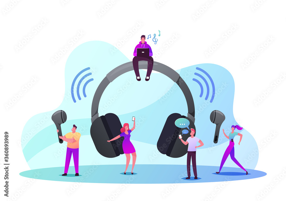 Tiny Male and Female Characters Use Wireless Headphones. Young Men and ...