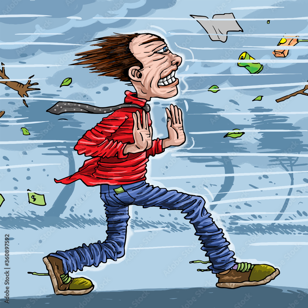 Cartoon the man trying hard to fighting the windy wind. Stock Vector ...