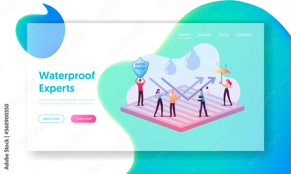 Waterproof Clothes Landing Page Template. Tiny Characters Stand on Huge ...