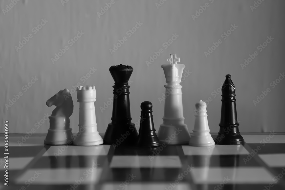 Set of chess pieces on chessboard depicting unity in black and white ...