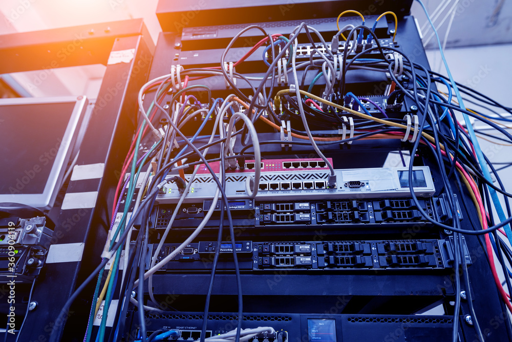 Server room with computers for internet. Network cables connected to ...