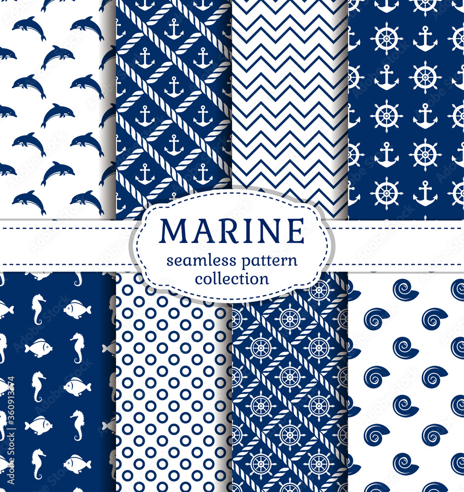 Set of sea and nautical backgrounds in navy blue and white colors. Sea ...