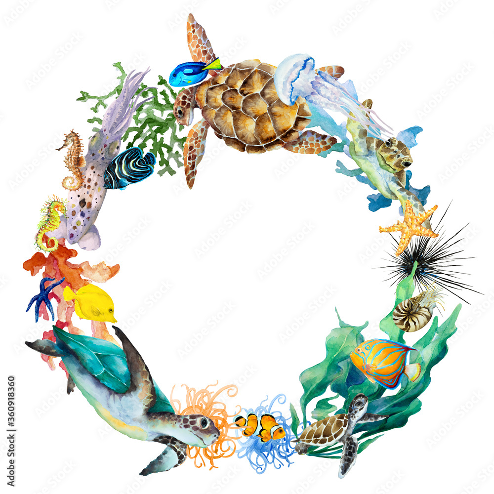 Abstract circle wreath of tropical reef fish, sea turtles, sea horses ...