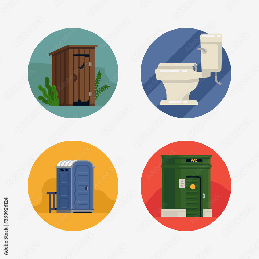 Basic set of vector round shaped icons on toilets and restrooms with ...
