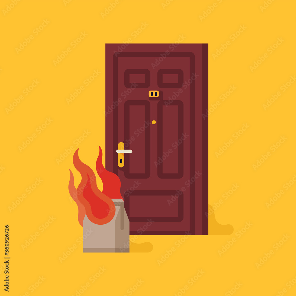 Funny flat style illustration on poop bag prank with paper bag on fire ...