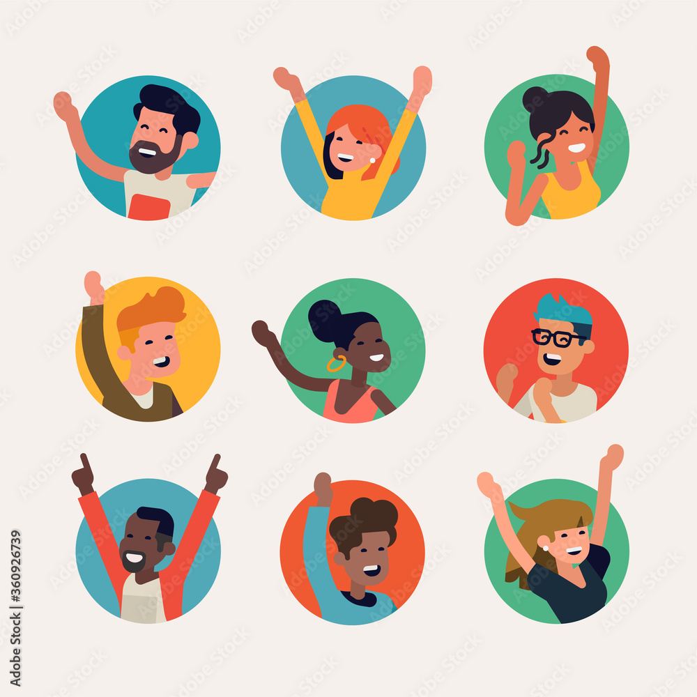 Diverse group of happy people popping out of round shaped frames and ...