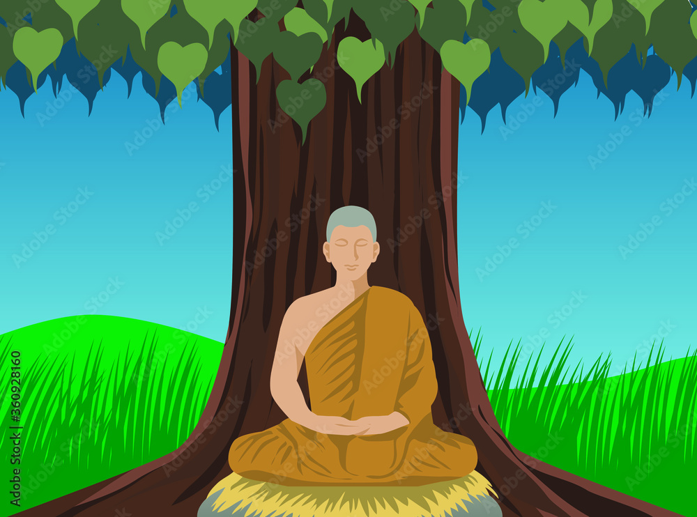 beautiful color vector of Buddhist Monk sitting in peace on grass straw ...