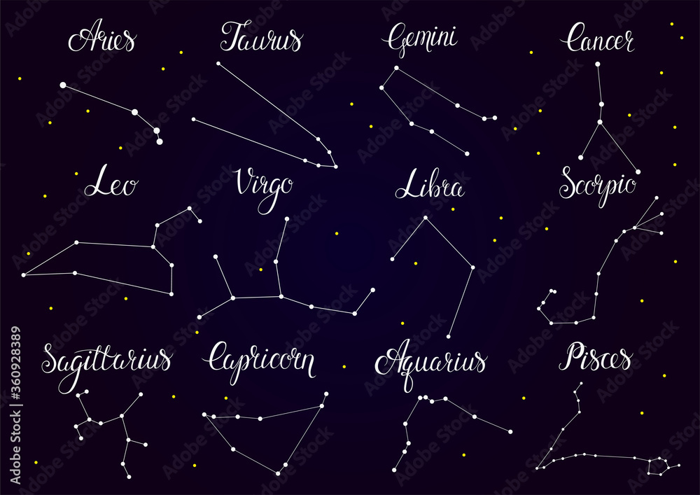 Zodiac Constellations Set With Hand Lettering On Dark Sky Background