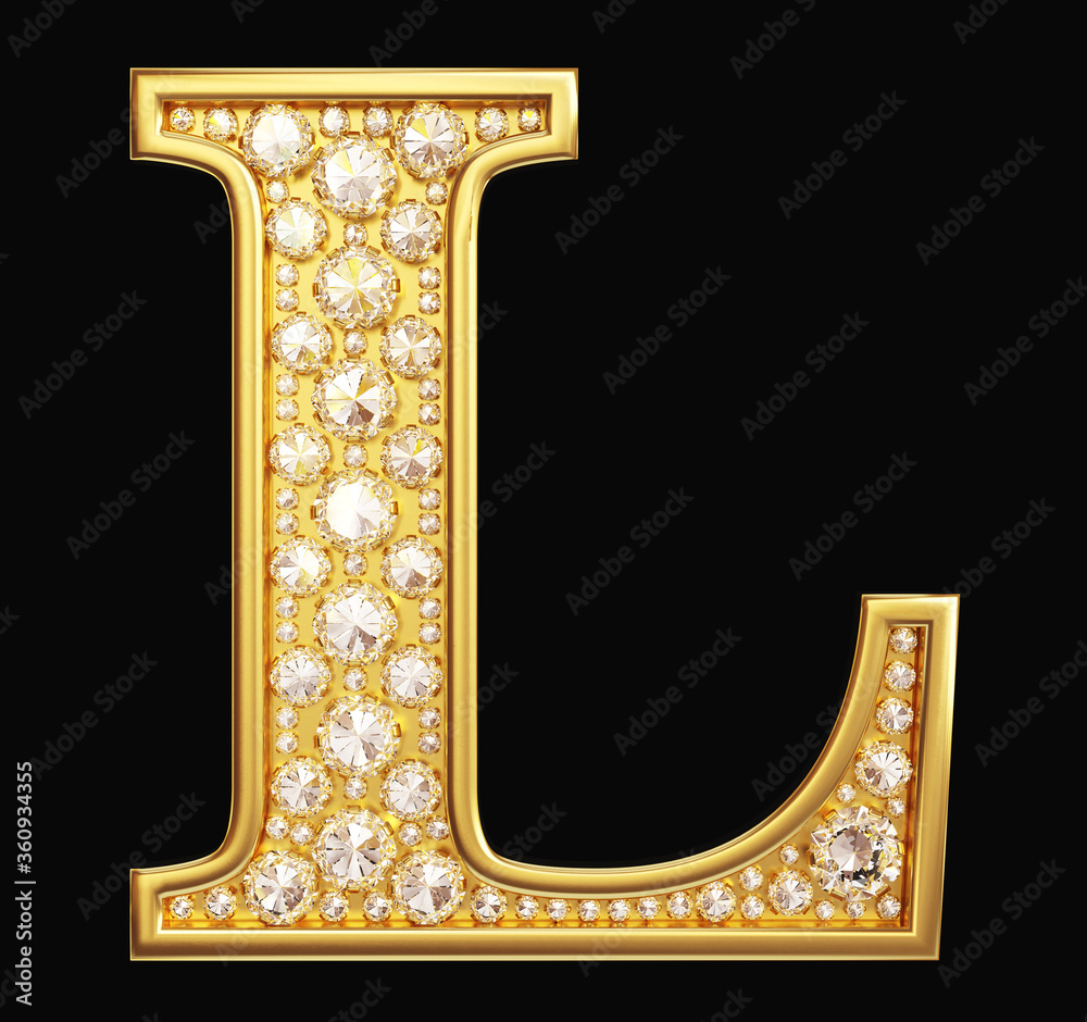 Golden letter "L" with diamonds on black background. Clipping path ...