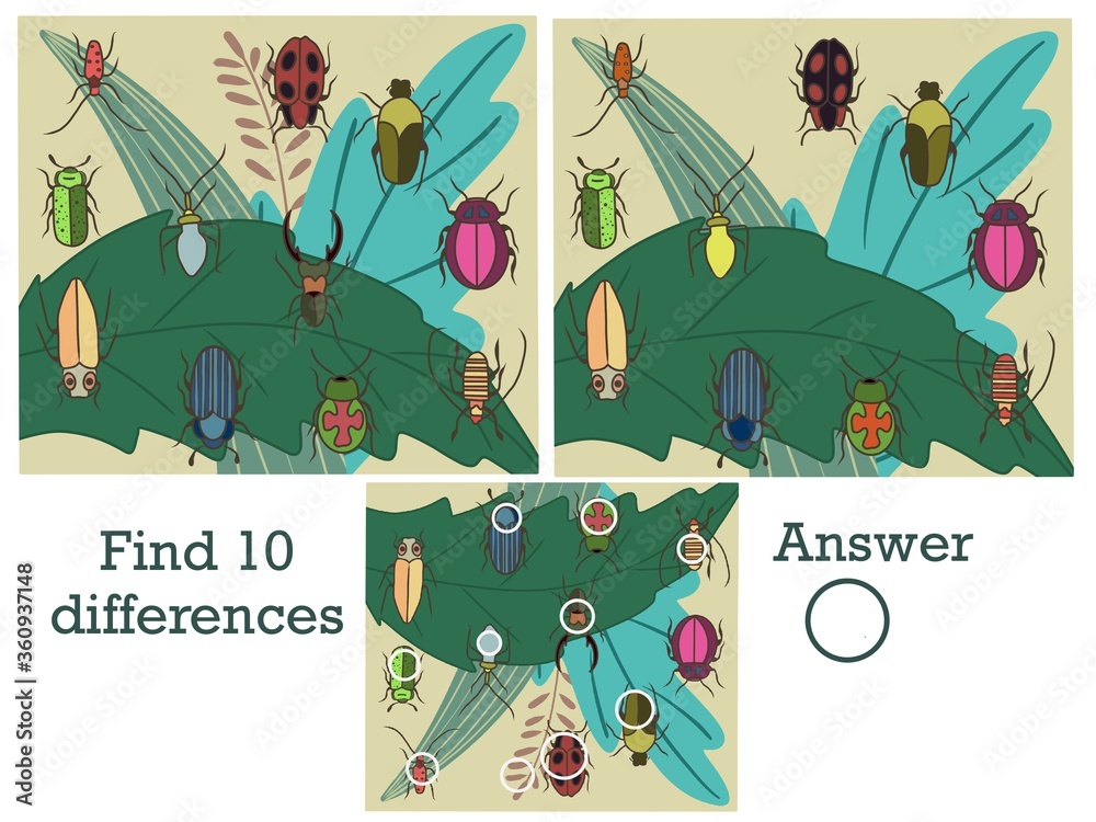 Find 10 differences. Find the differences. Logical game. Bugs Stock ...