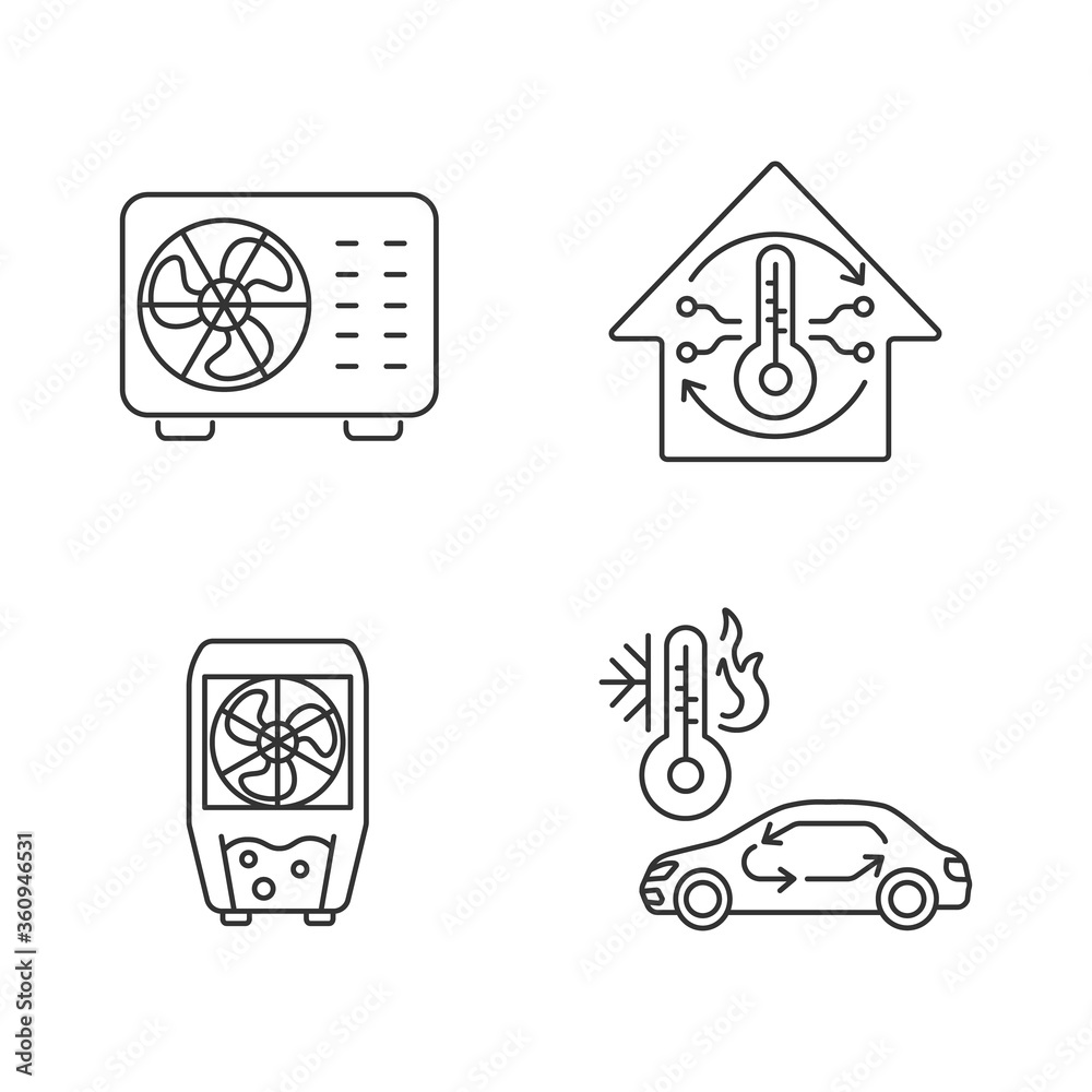 Climate control linear icons set. Split air conditioner, evaporative ... Climate control linear icons set. Split air conditioner, evaporative ...