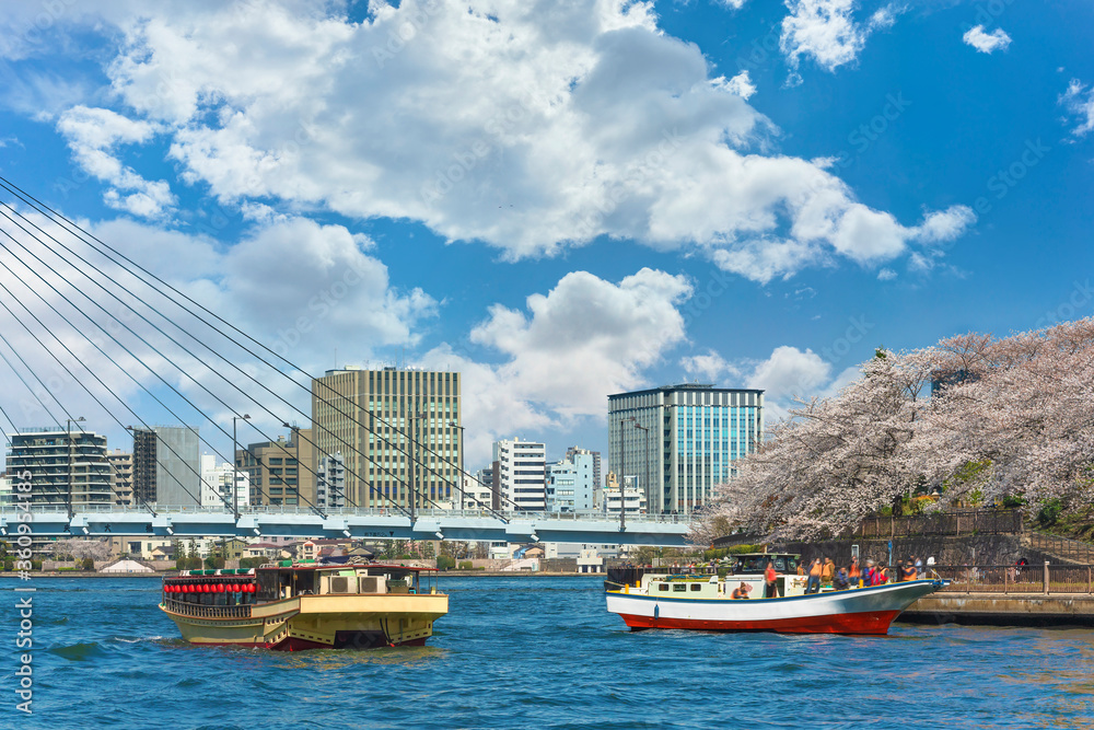 Japanese fishing boat and Yakatabune boat decorated with red lanterns ...