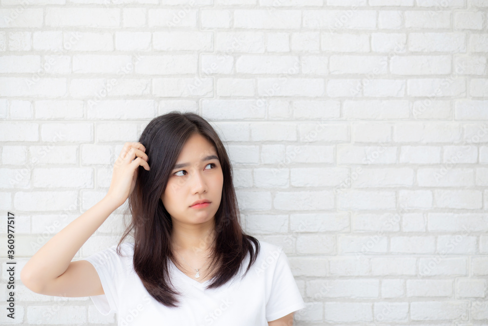 Beautiful young asian woman think idea, planning with inspiration with ...