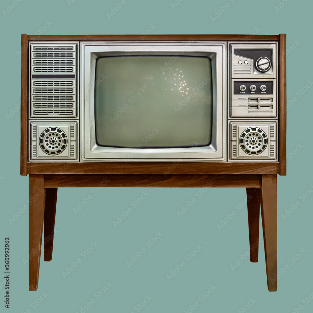 Vintage TV : old retro TV set in wooden cabinet on isolated green ...