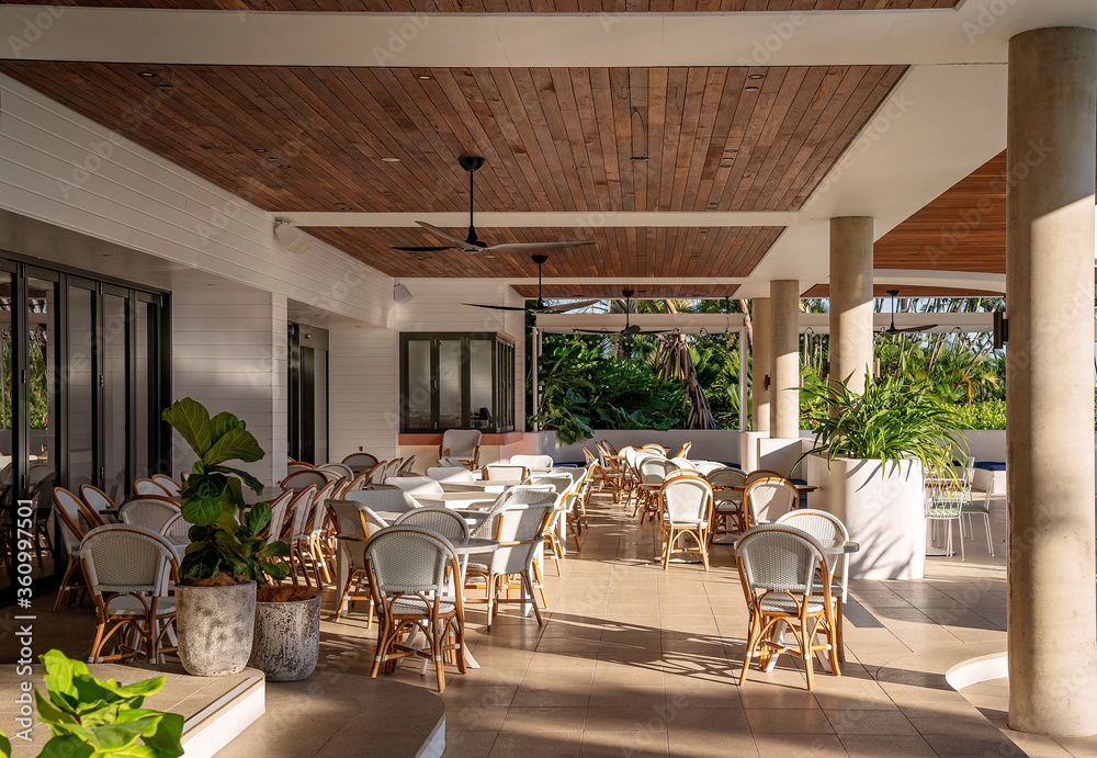 Townsville, Queensland, Australia - June 2020: Empty tables and chairs ...