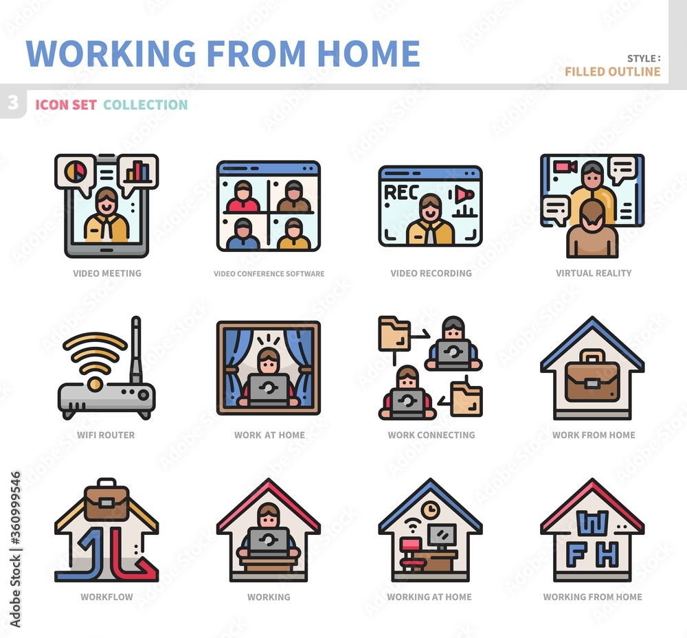 working from home icon set,filled outline style,vector and illustration ...