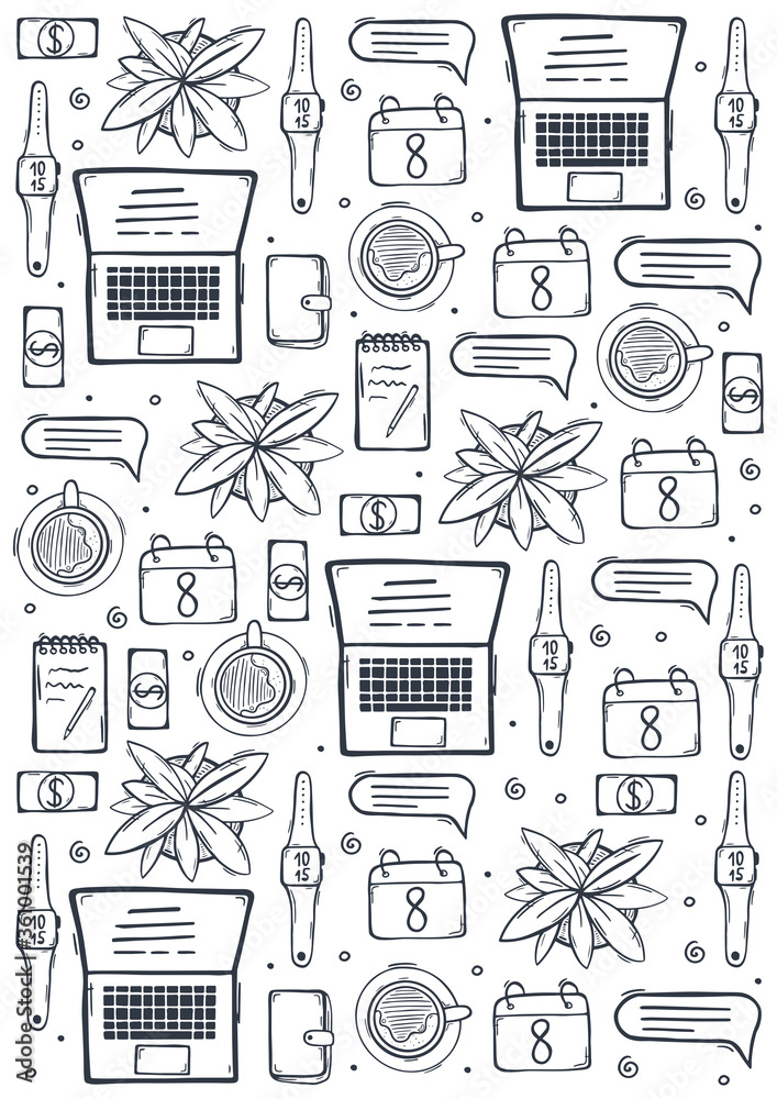 Freelance hand draw doodle background with popular symbols and elements ...