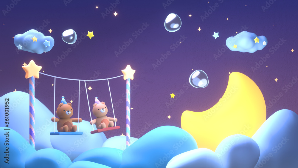 3d render cartoon cute bear wearing nightcap playing on swing above the ...