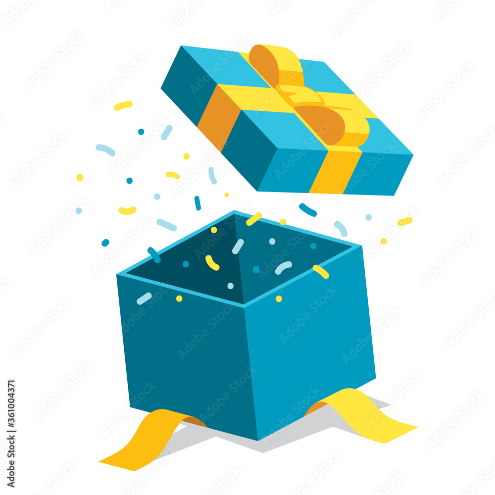 Vecteur Stock Single blue open giftbox / square present with yellow ...