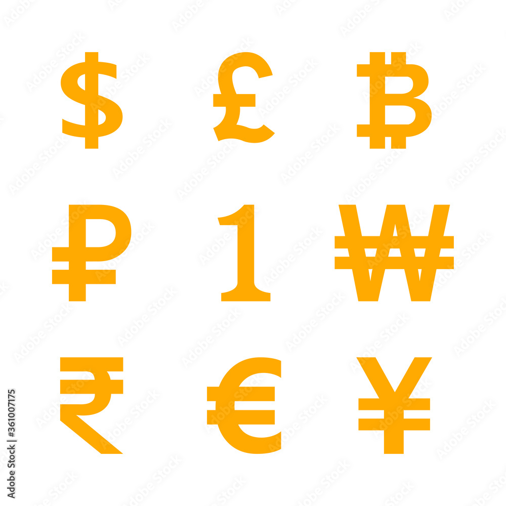 money symbol set isolated on white, international, currency icon yellow ...