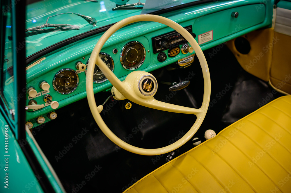 Cockpit of an Amphicar Typ 770, amphibian vehicle powered by a engine ...