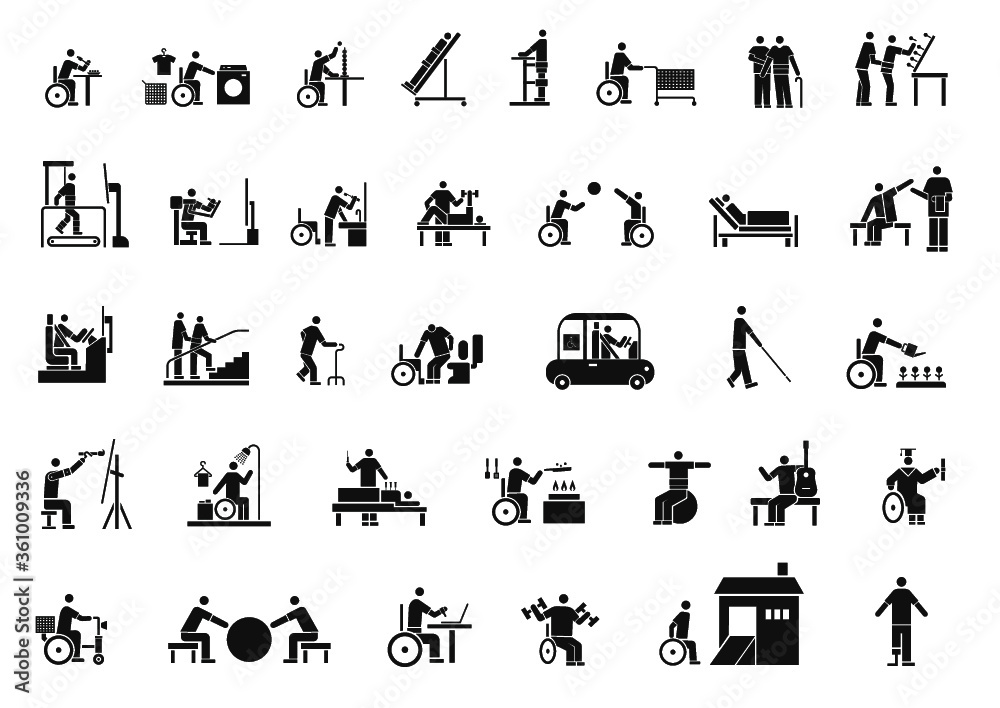 rehabilitation activities in disability icon set Stock Vector | Adobe Stock