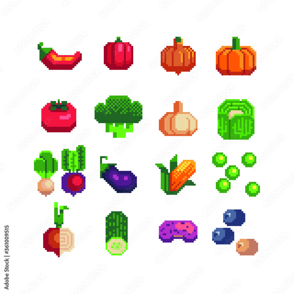 16px top-down vegetables icons set, pixel art, pepper, chili, pumpkin ...