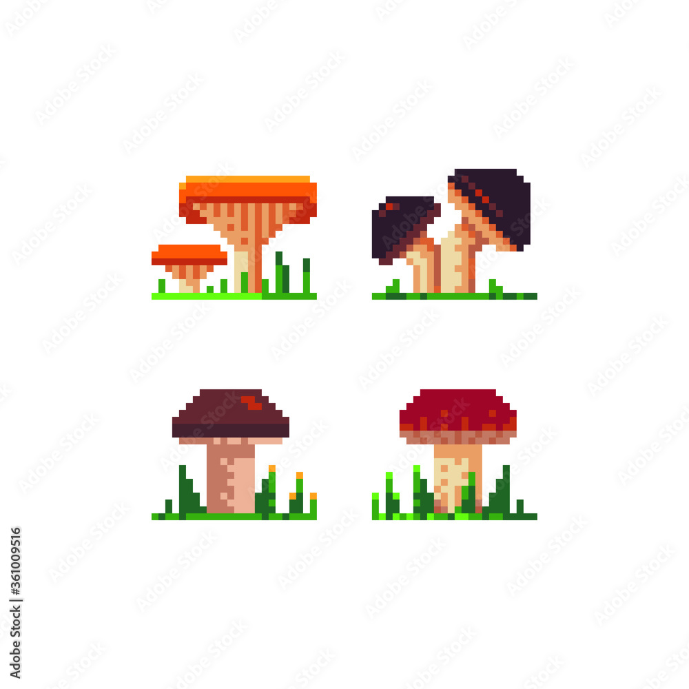 Mushrooms pixel art icons set vector illustration. Mushroom element ...
