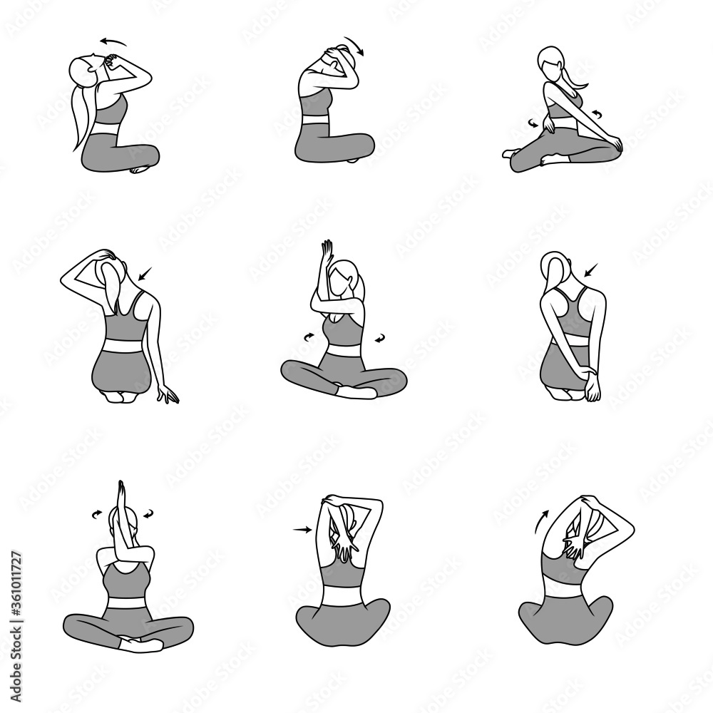 yoga pose for neck and shoulder stretching icon set vector de Stock ...