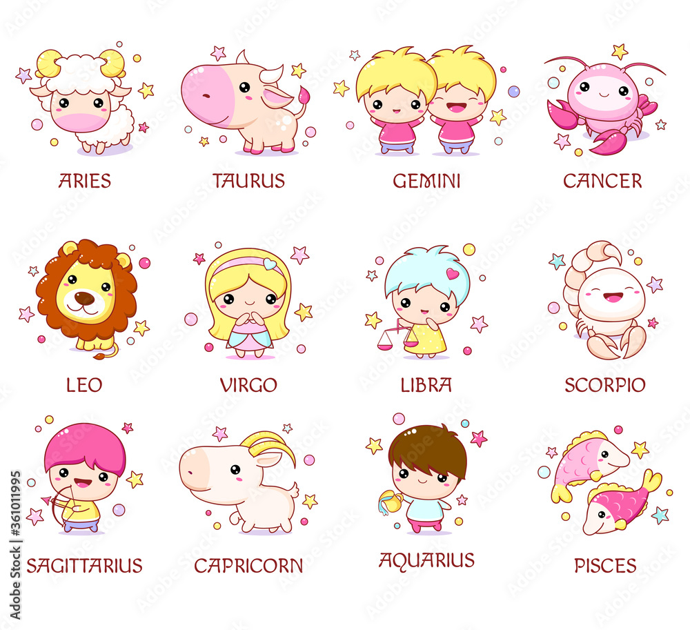 Set of zodiac sign characters in kawaii style Stock Vector | Adobe Stock